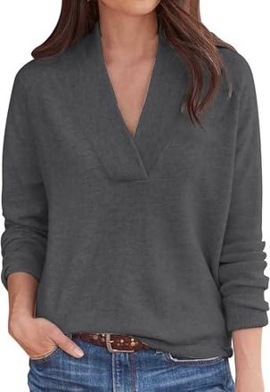 Generic Chemise basique unie à manches longues pour femme - Col en V - Pull tricoté - Pour la vie quotidienne - Cadeaux de Noël, gris foncé, L