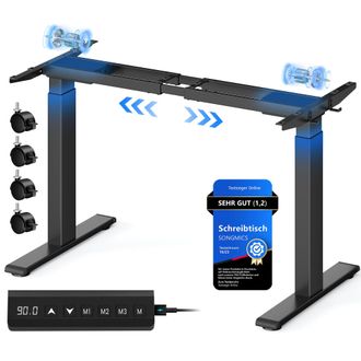Songmics H&ouml;henverstellbarer Schreibtisch elektrisch, Schreibtischst&auml;nder, Doppelmotor, mit Haken, stufenlos verstellbar, Memoryfunktion, Stahl, schwarz LSD019B