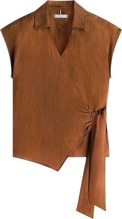 Tommy Hilfiger Femme, Blouses et Chemises, Brun, Taille: 40 FR Pure Linen Wrap Knot Sleeveless Blouse