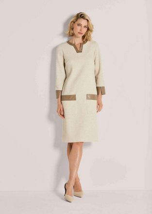 Madeleine Midikleid Elegantes Kleid mit Lederakzenten Baumwollkleid mit V-Ausschnitt und 3/4-&Auml;rmeln