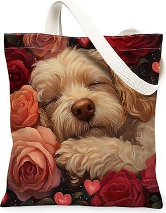 Generic Cockapoo Sac fourre-tout en toile pour le shopping Motif roses romantiques 33 x 38 cm, sac d&eacute;picerie r&eacute;utilisable pour femme, animal de compagnie, mot