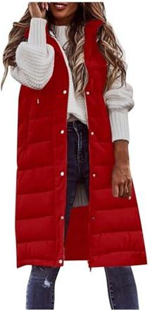 Generic 2026 Vestes pour femmes Mode Casual Veste rembourr&eacute;e Couleur unie Capuche Slim Gilet Temp&eacute;rament sans manches Cardigan Long Manteau, rouge past&egrave;que, X