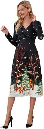 Generic Robe De Noel Femme Manches Longues, Robe De Noël Femme Col V Mini Imprime Decontracte Costume De Pere Noël Coupe Tendance Cocktail Dress Loisirs Cool 