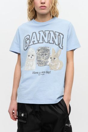 Ganni blau Blaues T-Shirt mit Animal-Print Bio-Baumwolle - Gr&ouml;&szlig;e XS