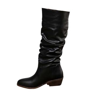 Generic Bottes mi-mollet mode à enfiler avec talon épais bottines dhiver chaudes et confortables à lacets pour un style décontracté extérieur (Black, 41)
