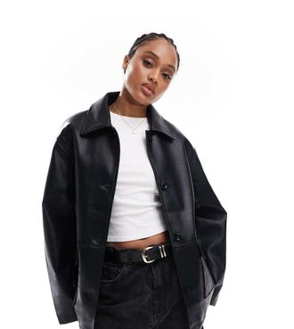 Asos Tall ASOS DESIGN Tall - Harrington-Jacke in schwarzer verwaschener Lederoptik