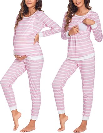 Ekouaer Damen Still Schlafanzug Langarm Stillnpyjama Schwangerschaft mit Rundhals Thermo Umstands Schlafanzug Schwangerschaft Rosa L