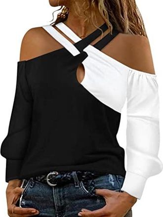 Onsoyours Hauts Femme Mode Tops Une Épaule Blouse Paillettes Dentelle Manches Longues T-Shirts Chic Shirt Élégant Tunique Lâche Mousseline Chemise Blouse F3 Bla