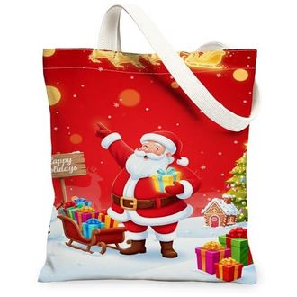 Generic Sacs fourre-tout en toile motif P&egrave;re No&euml;l festif - R&eacute;utilisables - L&eacute;gers et lavables - Avec bandouli&egrave;re, Rouge, 13x15 Inch