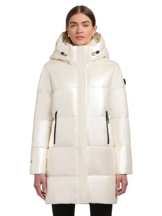 Khujo Damen Wintermantel in gl&auml;nzender Optik warmer wasserdichter Steppmantel lang mit abnehmbarer Kapuze Haya Shiny-YM Off White Gr. XL