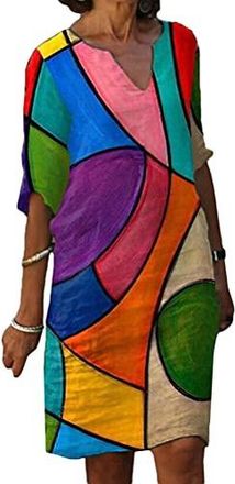 Minetom Robe Femme Été Rétro Imprimer Robe Col V Manche Intermédiaire Tunique Au Genou Dress De Plage Grande Taille Multicolore 1 S