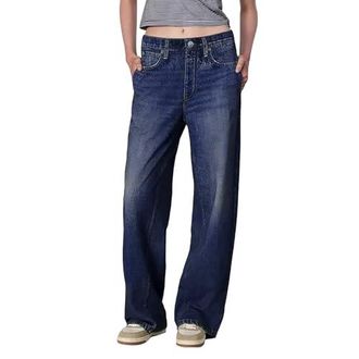 Generic Baggy Jeans pour femme - Coupe droite d&eacute;contract&eacute;e - Pantalon en denim avec poches - &Eacute;l&eacute;gant - Couleur unie - Jambes larges - Confortable - Avec bouto