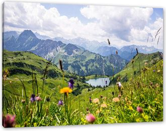 Pixxprint Wiesenblumen in den Bergen, Größe: 120x80cm, Leinwandbild, fertig gespannt, Wandbild, Dekoration, Kunstdruck, kein Poster