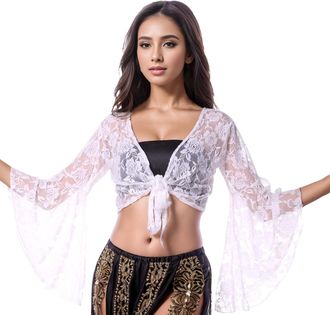 Generic Damen Spitzen Bolero Bauchtanz Oberteil Langarm J&auml;ckchen, Trompeten&auml;rmel Cardigan zum Binden, Karneval Fasching Kost&uuml;m Zubeh&ouml;r, Elegant Durchsichtig S