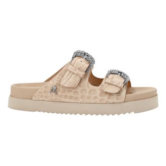 Philipp Plein Femme, Chaussures, Beige, Taille: 38 EU Sandales Plates en Cuir Imprim&eacute; Croco et Cristaux
