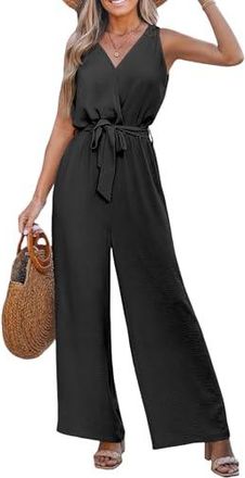 Cupshe Combinaison pour femme col en V sans manches en crochet dos large ceinture d&eacute;t&eacute; &eacute;l&eacute;gante, Noir, XL