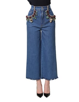 Dolce & Gabbana Womens Blue Embellished Wide Cropped Denim Jeans Cotton Elastane Clothing