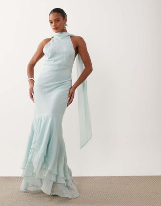 Asos Robe longue dos nu avec d&eacute;tail foulard et ourlet &agrave; volants - Bleu