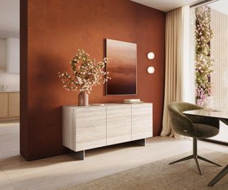 DELIFE Sideboard Cuor 150 cm Keramik Laminam Travertino Bianco Creme-Wei&szlig; 3 T&uuml;ren Fu&szlig; Schwebeoptik Edelstahl, Sideboards