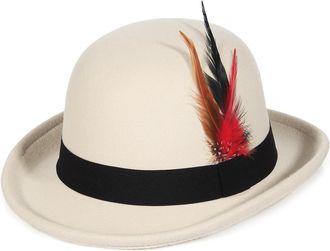Eozy Bowler H&uuml;te f&uuml;r M&auml;nner Frauen Vintage Derby Fedora Hut Roll Krempe abnehmbare Feder Party Kost&uuml;m Hut Beige