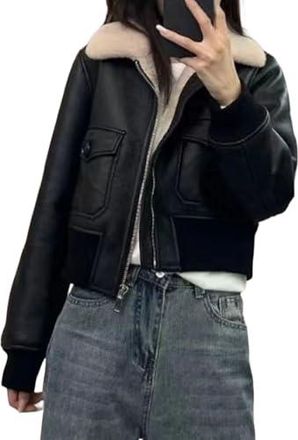 Generic Veste bomber en similicuir avec col Sherpa et manches longues et poches zipp&eacute;es pour femme, Noir, 3XL