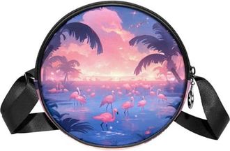 Generic Sac &agrave; bandouli&egrave;re rond pour femme, motif flamants roses, petit sac &agrave; bandouli&egrave;re avec fermeture &eacute;clair, bretelles r&eacute;glables, sac &agrave; main rond d&eacute;contrac
