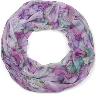 styleBREAKER Écharpe à boucle pour femmes avec motif de plumes colorées, écharpe tube bohème légère et estivale multicolore 01016239, couleur:Violet-vert