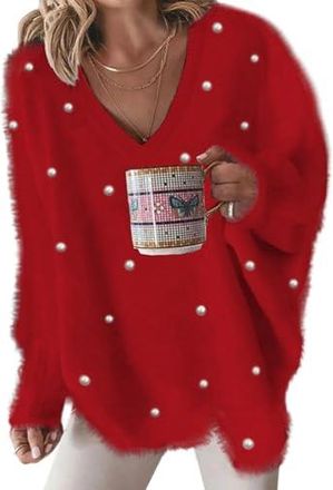 ORANDESIGNE Pull Femme Chic et Elegant Hiver Sweat Dentelle Col en V Manche Longue Couleur Unie Chandail Polaire Sweatshirt Décontracté Pulls K Rouge XXL