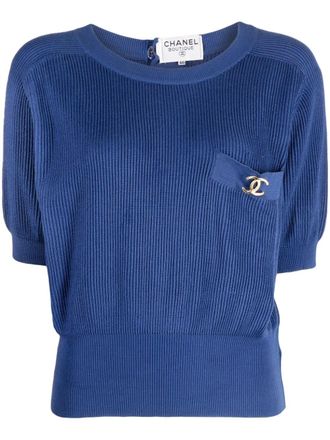 Chanel haut nervuré à boutons CC (années 1990-2000) - Bleu