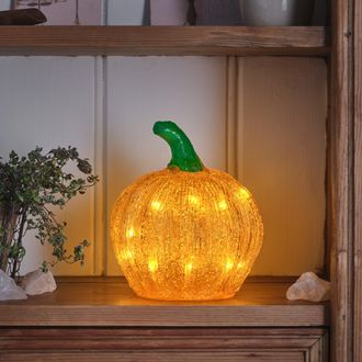 Lights4fun LED K&uuml;rbisfigur aus Acryl mit 20 warmwei&szlig;en Lichtern - Batteriebetriebene Herbst- & Halloween Party und Tisch Deko mit Timer - f&uuml;r Innen & Au&szlig;en - ora