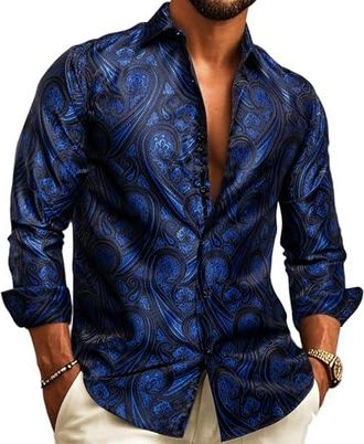 Barry.Wang Chemise habillée pour homme en soie cachemire à manches longues boutonnée grande et grande chemise tendance loisirs fête de mariage bal, noir foncé, 3