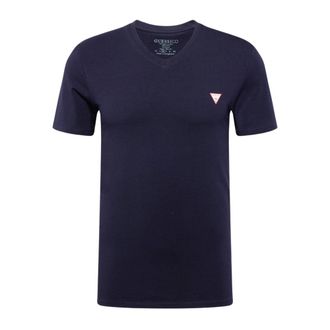 Guess Homme, Tops, Bleu, Taille: M T-Shirt bleu &agrave; col en V avec logo imprim&eacute;