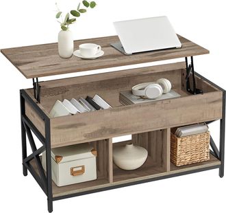 Vasagle Couchtisch, h&ouml;henverstellbarer Wohnzimmertisch, Kaffeetisch, mit 1 verstecktem Fach und 3 offenen F&auml;chern, Stahlgestell, 50 x 100 x (46,5-62) cm, Kame