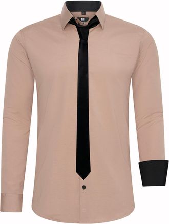 Rusty Neal Herren-Hemd Premium Slim Fit Langarm Stretch Kontrast Hemd mit Krawatte Business-Hemden Outfit Freizeithemd Set 44_99, Gr&ouml;&szlig;e:S, Farbe:Beige