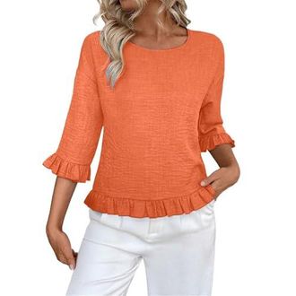 Generic Haut &agrave; manches 3 quarts en lin pour femme, chemisiers d&eacute;contract&eacute;s &agrave; col rond, chemises &agrave; &eacute;paules tombantes de couleur pure, haut tendance &agrave; ourlet &agrave; 