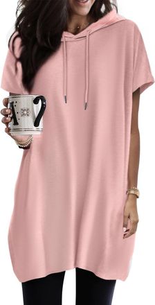 Dokotoo Kapuzenpullover Damen Hoodie Sommer Kurzarm mit Kapuze Pullover Sweatshirt Tops Oversize Tshirt L&auml;ssig Einfarbig T-Shirts Oberteile Rosa 2XL