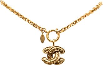 Chanel 1970-1980 Gold Plated Quilted CC Pendant Necklace costume necklace