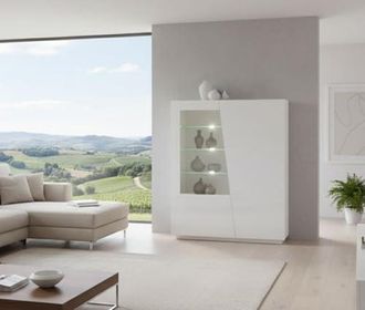 Dmora Anzeigefenster Nevio, Sideboard mit Glast&uuml;r, Mehrzweck-Wohnzimmerm&ouml;bel mit LED-Licht, 100 % Made in Italy, 120 x 43 x 146 cm, gl&auml;nzend wei&szlig;