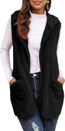 Generic Long gilet en polaire sherpa pour femme - Gilet &agrave; capuche sans manches pour femme - Chaud - Solide et confortable - Avec poche, Noir, XXL
