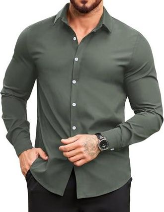 Coofandy Chemise &agrave; manches longues pour homme - Boutonn&eacute;e - Infroissable - D&eacute;contract&eacute;e - Coupe droite - Couleur unie, vert, L