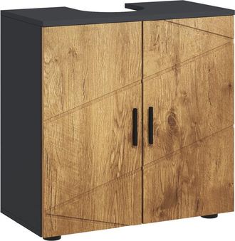 HOMCOM Meuble sous vasque lavabo meuble de salle de bain 2 portes avec &eacute;tag&egrave;re 60 x 30 x 60 cm gris anthracite et aspect bois-Ch&ecirc;ne