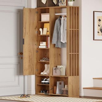 STILVORA Meuble dentr&eacute;e avec 2 Armoires et Miroir, 9 Espaces de Rangement, Porte Abattante, Style Minimaliste, en Panneaux, Naturel, 100&times;33&times;190 cm