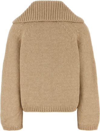 Moncler Womens Beige Alpaca Blend Cardigan Camel Exterior: Nylon Wool Maglieria Sweater