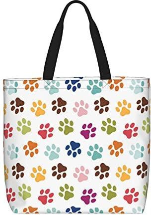Generic Sac Fourre-Tout Empreinte De Patte De Chien Femmes Sac &Agrave; Bandouli&egrave;re R&eacute;utilisable De Grande Capacit&eacute; Sacs En Toile &Eacute;paule, Pour Shopping, Voyage, Femm