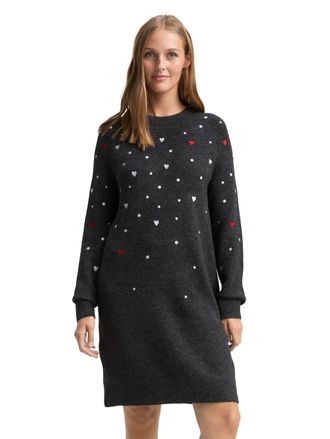 Tom Tailor Denim Minikleid TOM TAILOR DENIM, Damen, Gr. M, N-Gr, grau wei&szlig; dots and hearts, Strick, Obermaterial: 79% Polyacryl, 18% Polyester, 3% Elasthan, bestickt, 