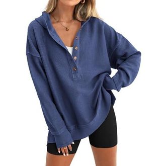 Generic Sweat à capuche surdimensionné à manches longues et col en V pour femme, pull décontracté, vêtements dautomne, bleu, XXL-4XL