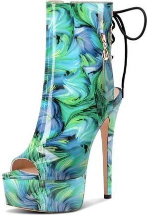 Castamere Femmes Aiguille Haut High Talon Heel Ouvert Bout Plate-forme Été Bottines Lacets Danse Party Dress Bottes 15 CM Heels Vortex Vert 42 EU