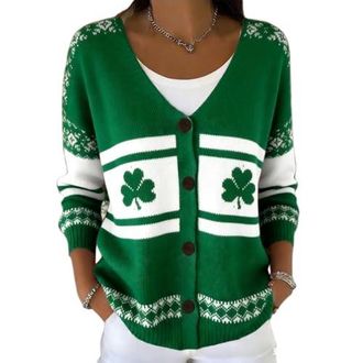 Generic Cardigan de la Saint-Patrick pour femme - Pull graphique tr&egrave;fle &agrave; manches longues et col en V - D&eacute;contract&eacute; - Printemps et automne - Cardigan tendance