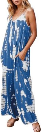 Generic Robes boh&egrave;me 2026 pour femmes, bretelles spaghetti, combinaisons, pantalons teints par nouage, d&eacute;contract&eacute;, grande taille avec poches, bleu, 4XL