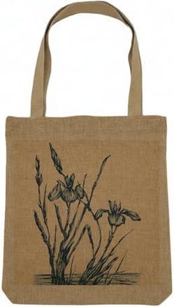 Fabulous Sac Shopping Tote Bag Aspect Lin - Fleur bord de lac Motif Monochrome Bleu Dessin Fait Main Peinture - Sac de Courses Toile Epaisse 360g Beige Naturel